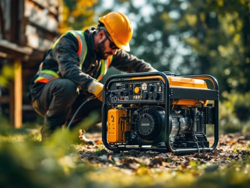 Person-safely-operating-a-power-generator-with-safety-gear-on-in-an ...